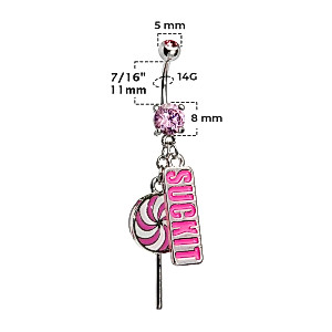 14G Belly Ring Pink CZ Gem 316L Surgical Steel Suck It Dangle Belly Button Rings Pink Lollipop Dangle Sexy Letters Belly Piercings Jewelry 7/16" (11mm)