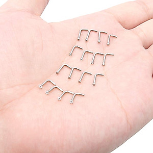 Hoeudjo Nose Rings L Shaped Nose Studs Surgical Steel 18G 1.5MM Clear Crystal Nostril Ring Body Piercing Jewelry for Women Men Silver-Tone 16 Pieces