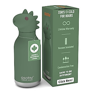 asobu Bestie Bottle Insulated Stainless Steel Water Bottle with Detachable Soft Animal Head Fun Drinking for Kids and Teens with Flexible Reusable Straw 16 Ounce (Dinosaur)