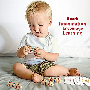 Coogam Wooden Reading Blocks Short Vowel Rods Spelling Games, Flash Cards Turning Rotating Letter Puzzle for Kids, Sight Words Montessori Spinning Alphabet Learning Toy for Preschool Boys Girls