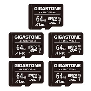 [Gigastone] 64GB 5-Pack Micro SD Card, 4K UHD Video, Surveillance Security Cam Action Camera Drone Professional, 90MB/s Micro SDXC UHS-I A1 Class 10, with Adapters