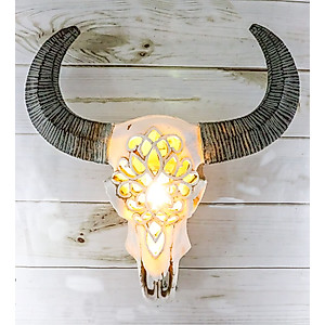 Ebros 16.5" Tall Southwest Aged Bone Tooled Filigree Lace Design Steer Bison Buffalo Bull Cow Horned Skull Head Night Light Lamp LED Wall Decor Plaque Skulls Western Accent Lighting