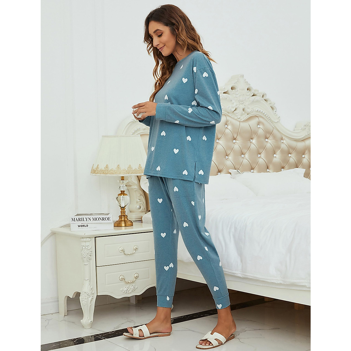 Blooming Jelly Womens Cute Pajama Sets Drawstring Heart Printed Sleepwear Pockets 2 Piece Pj Set 2025 (Large, Blue)
