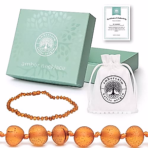 Ambercalm Baltic Amber Necklace - Raw Unpolished Amber Baroque w/Certified Genuine Baltic Amber Cognac 12.5 Inches