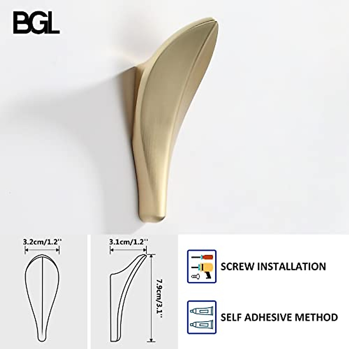 BGL Bath Towel Hooks Brushed Gold Pack of 5 Coat Hooks Wall Mount Leaves Design Heavy Duty Wall Hooks for Bathroom Kitchen Hallway Storage & Decoration