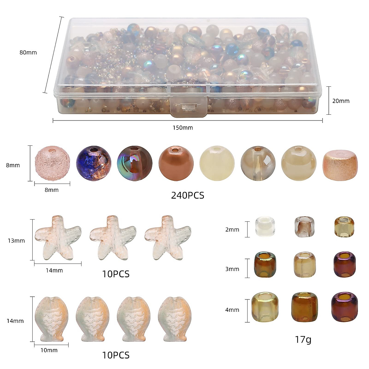 760pcs Mixed Glass Beads for Jewelry Making, 8MM Brown Assorted Round Beads, Bracelet Making Kit Including Ocean Starfish Crystal Beads and Seed Beads