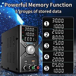 Jesverty DC Power Supply Variable, 0-60V 0-5A Adjustable Switching DC Regulated Bench Power Supply with 20W USB & Type-C Quick-Charge, Encoder Knob, 4-Digit LED Display, Preset Memory - SPS-6005X