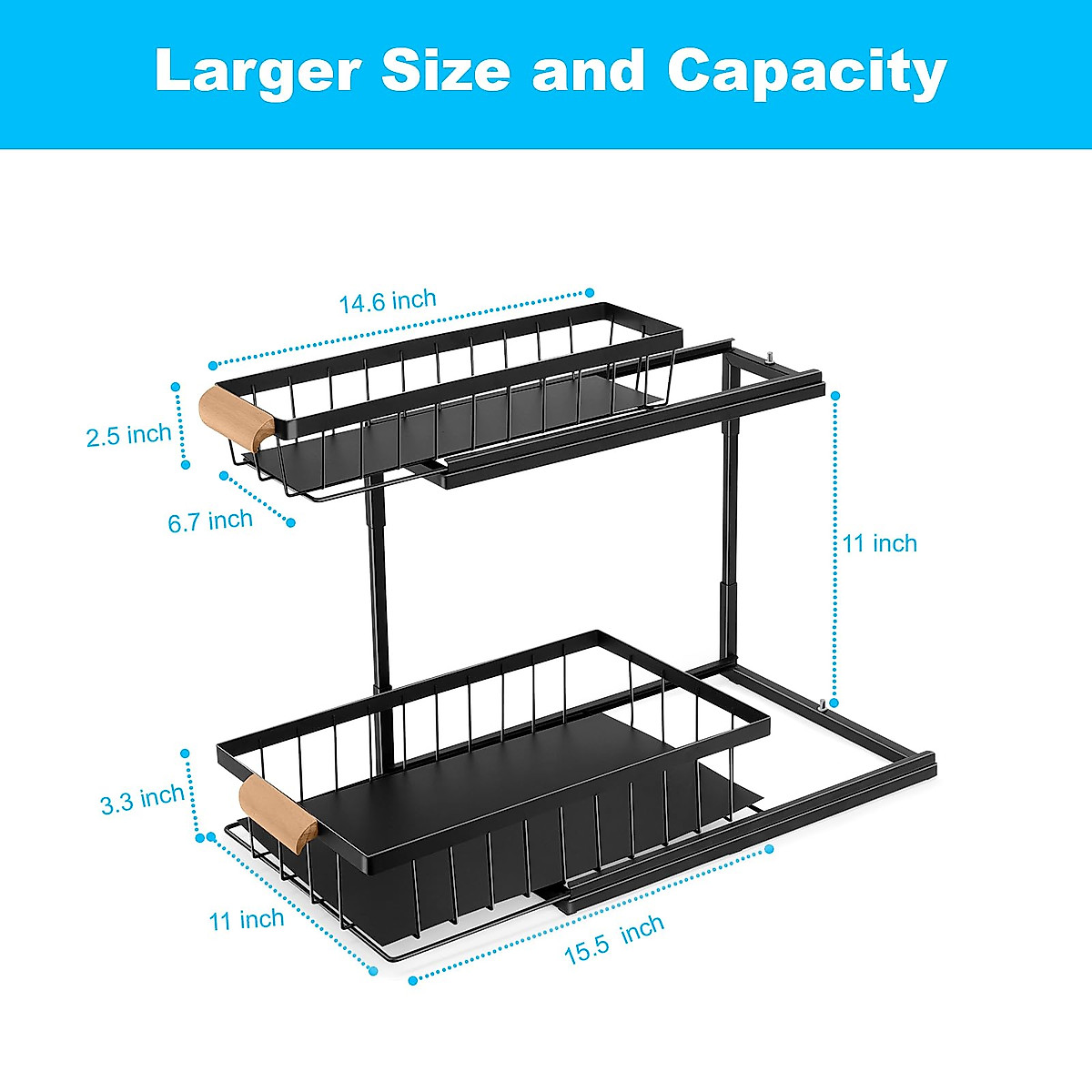 Under Sink Organizers, 2 Tier Pull Out Organizer and Storage, Upgraded Metal Storage Shelves with Sliding Basket, Cabinet or Countertop Organizer for Kitchen Bathroom (1 PC)