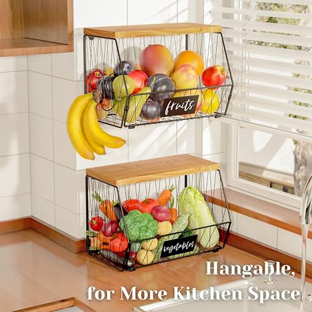 PERFNIQUE Fruit Basket, Wall Mounted Kitchen Baskets for Storage, 2PCS Stackable Fruit Holder with Wooden Lid, Vegetable Baskets for Kitchen, Hanging Metal Wire Baskets (Black, M & M)