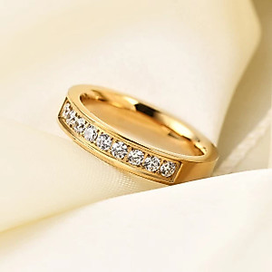 MYNENEY 14K Gold/Silver Plated Wedding Band Cubic Zirconia Eternity Stackable Engagement Ring For Women (4MM- 9 Diamonds-Gold, 8)