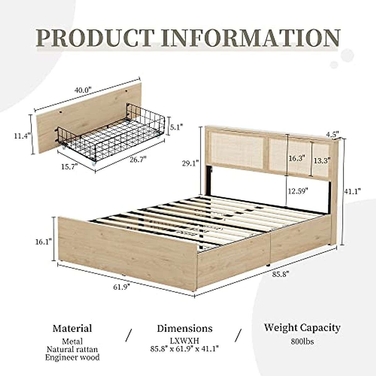 Yechen Queen Bed Frame with Natural Rattan Headboard and Wooden 4 Storage Drawers, Metal Platform with Strong Wooden Slats Support, Boho Cane Bed Mattress Foundation, No Box Spring Needed