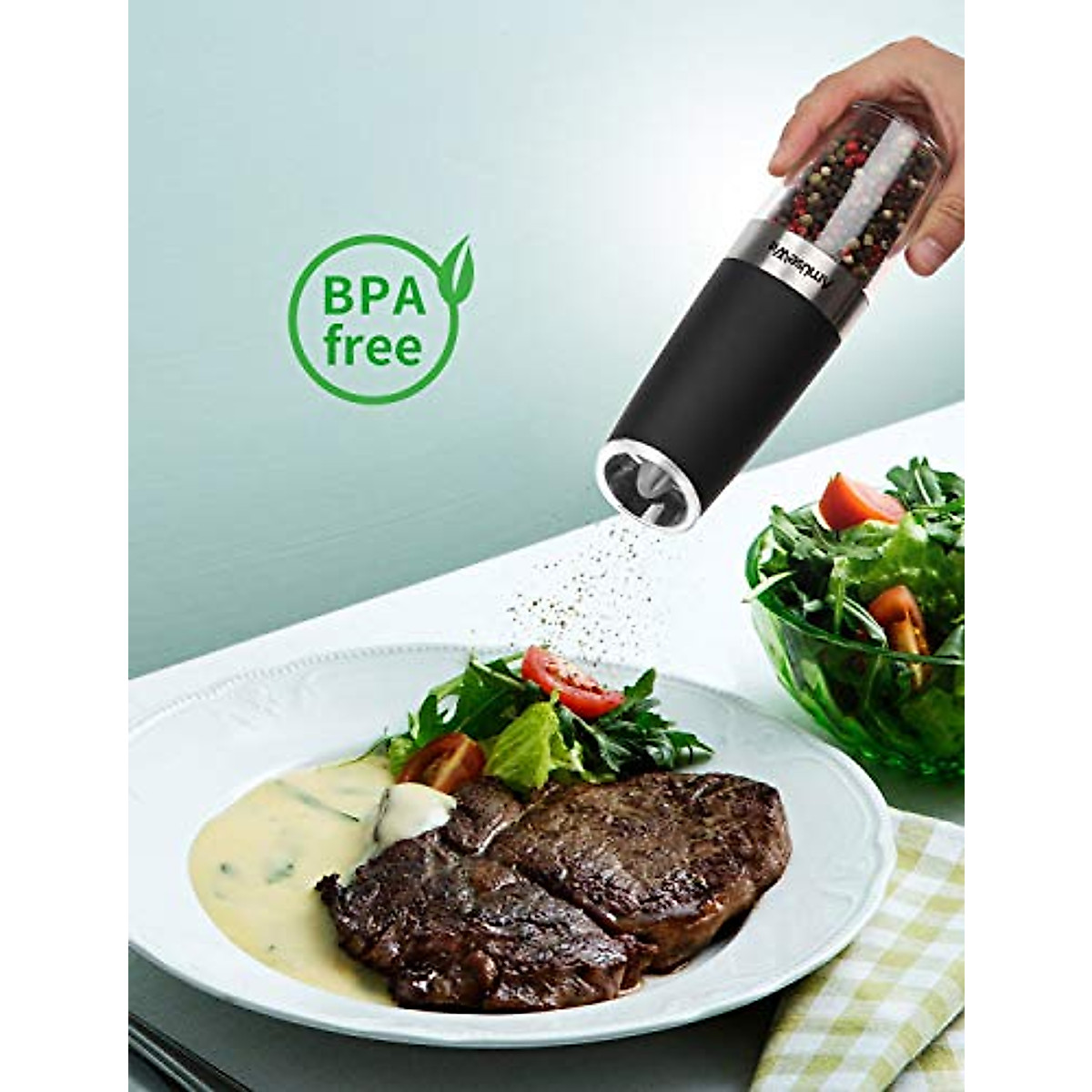 Electric Gravity Salt and Pepper Mill Set of 2【White Light】- Battery Operated Automatic Salt and Pepper Mills with Light,Adjustable Coarseness,One Handed Operation,Cleaning Brush,Black by AmuseWit