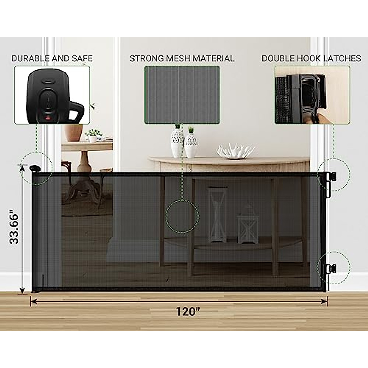 Newnice 120 Inch Extra Wide Retractable Baby Gates for Large Openings, Dog Gate for The House Indoor Outdoor, Extra Long Baby Pet Gate for Stairs Doorways Hallways, Black