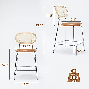 Indoor/Outdoor Faux Leather Bar Stools Set of 2,Rattan and Wood Backrest with Metal Legs, Modern Upholstered Round seat Chair Counter Height Barstool for Bistro Home Restaurant,24",Whiskey Brown