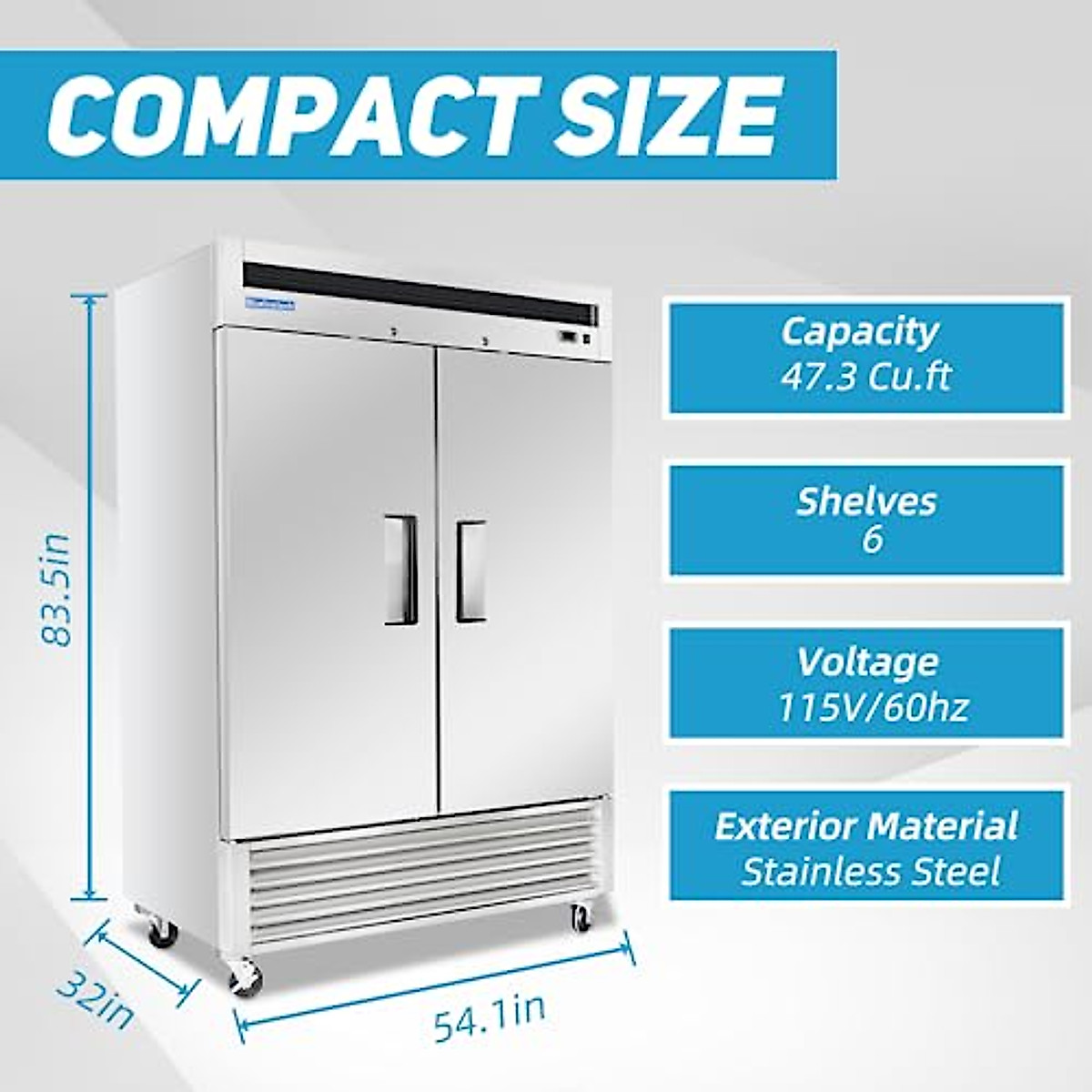BLUELINETECH 54" W Commercial Refrigerator 2 Solid Door, 47.3 cu. ft Stainless Steel Reach-in Air Cooling Commercial Fridge Cooler for Restuarant ETL