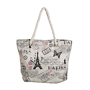 Premium Large Paris Eiffel Butterfly Print Cotton Canvas Tote Shoulder Bag Handbag Beige