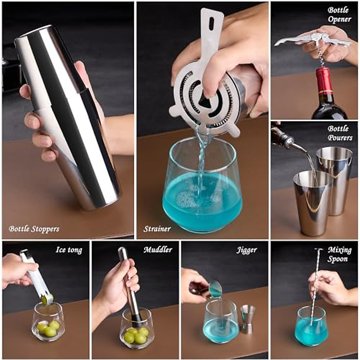 Cocktail Shaker Set Bartender Kit : 15-Piece Bar Tool Set with Acrylic Stand Bar Set with All Practical Bar Accessories, for Drink Mixing, Bar, Home, Lounge & Party, Silver