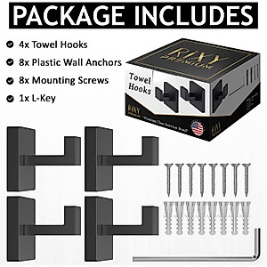 RiXY PREMIUM Matte Black Towel Hooks for Bathroom - Stylish Bath Hooks for Towels - Heavy Duty Bathroom Hooks for Hanging Towels Robes Coats - Pack of 4 Stainless Steel 304 Coat Hooks