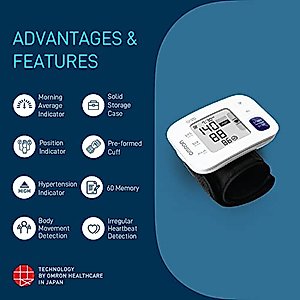 Omron Hem 6181 Fully Automatic Wrist Blood Pressure Monitor with Intelligence Technology, Cuff Wrapping Guide and Irregular Heartbeat Detection for Most Accurate Measurement (White)