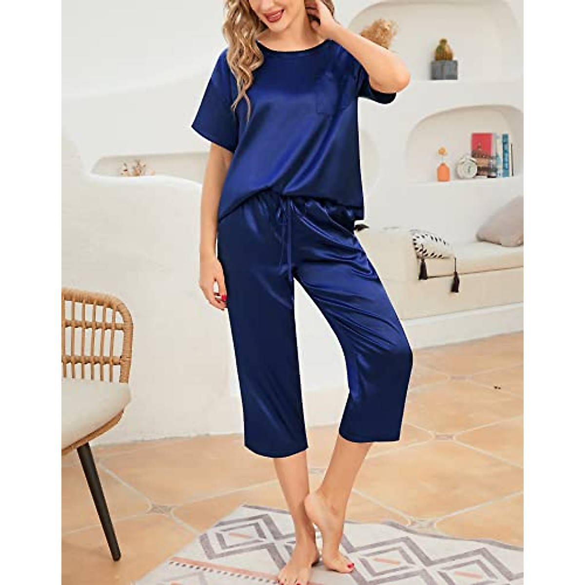 SWOMOG Womens 2 Piece Satin Pajamas Silk Short Sleeve Pjs Sets Capri Bottom Pajama Pants Loose Outfit with Pockets Navy Blue