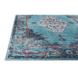 Mylife Rugs Traditional Vintage Non Slip Machine Washable Distressed Printed Area Rug, Turquoise Red 4'x6'