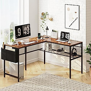 PRAISUN L Shaped Office Desk with Power Outlets, Reversible Computer Desk with Grid Bookshelf and Storage Bag, Gaming Desk, Home Office Desk Corner Desk with Hooks, Rustic Brown