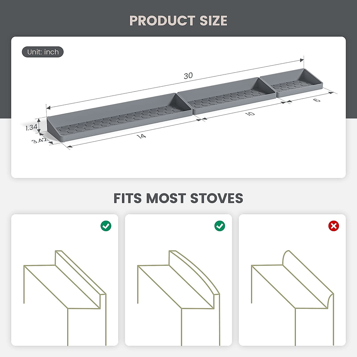Silicone Magnetic Stove Top Shelf 30", Magnetic Shelf for Kitchen Stove Easy to Install, Stove Magnetic Shelf for Kitchen Stove,Over the Stove Top Shelf with 3 Functional Partitions -DARK GRAY