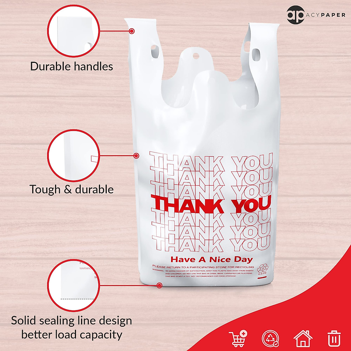 ACYPAPER, Thank You T-Shirt Bags (1000 Count), Plastic - T-Shirt Plastic Bags in Bulk - (11" x 6" x 21") White/Thank You - Bulk Shopping Bags, Restaurant Bag - 1/6 Barrel