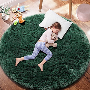 PAGISOFE Dark Green 4x4 Round Rug for Boys Bedroom,Soft Circle Fluffy Rugs for Kids Teen Room,Circular Plush Indoor Rug for Playroom,Emerald Green Rug,Shaggy Floor Rug for Classroom Reading Nook
