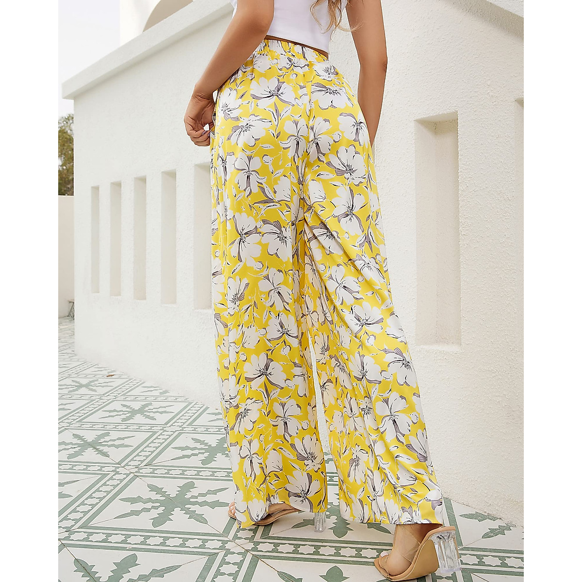 QIANXIZHAN Women's Wide Leg Pants, High Waisted Palazzo Pants Dressy Summer Flowy Casual Lounge Work Dress Pants Trousers Yellow Flower XL