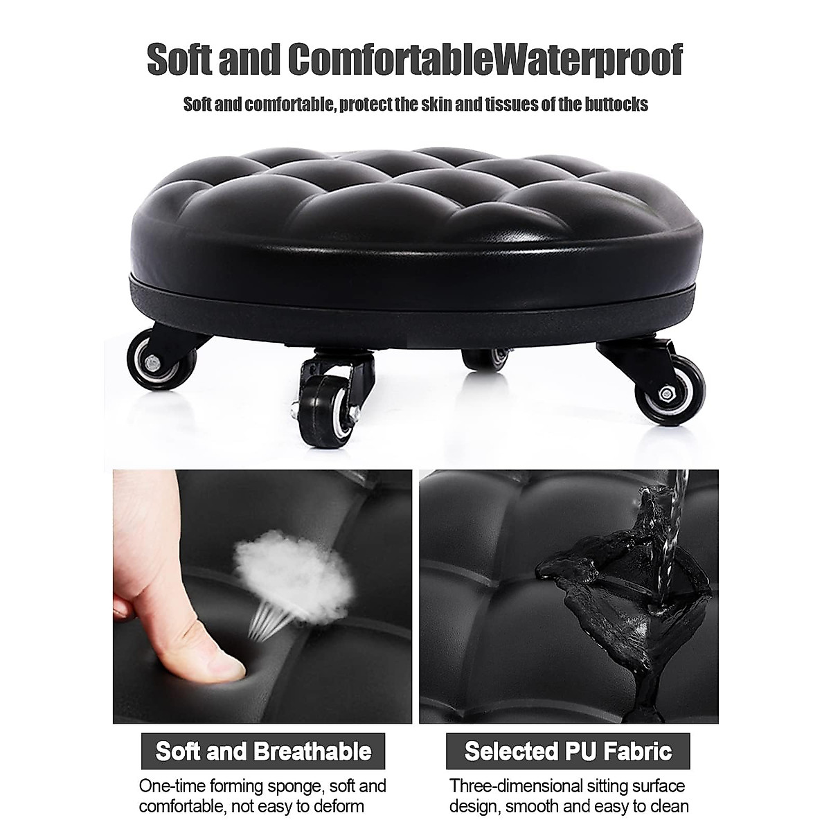 Lanstics Low Roller Seat Wheel Stool Chair PU Leather Rolling Stool Seats on Wheels for Home Office Fitness Round Roller Seat Stool (Black)