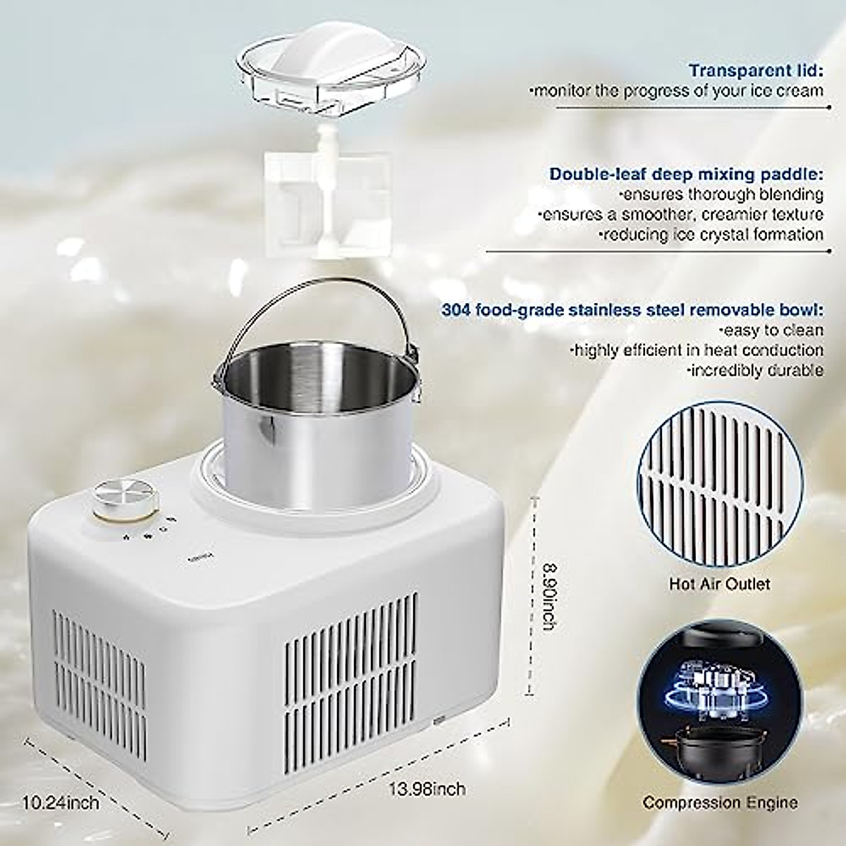 HAVATO 1.0QUART compact Ice Cream Maker with Compressor,No pre-freezing,3 Modes,sorbet machine,Homemade Sorbet/Gelato/milkshake for family of 4-5,recipe included,White