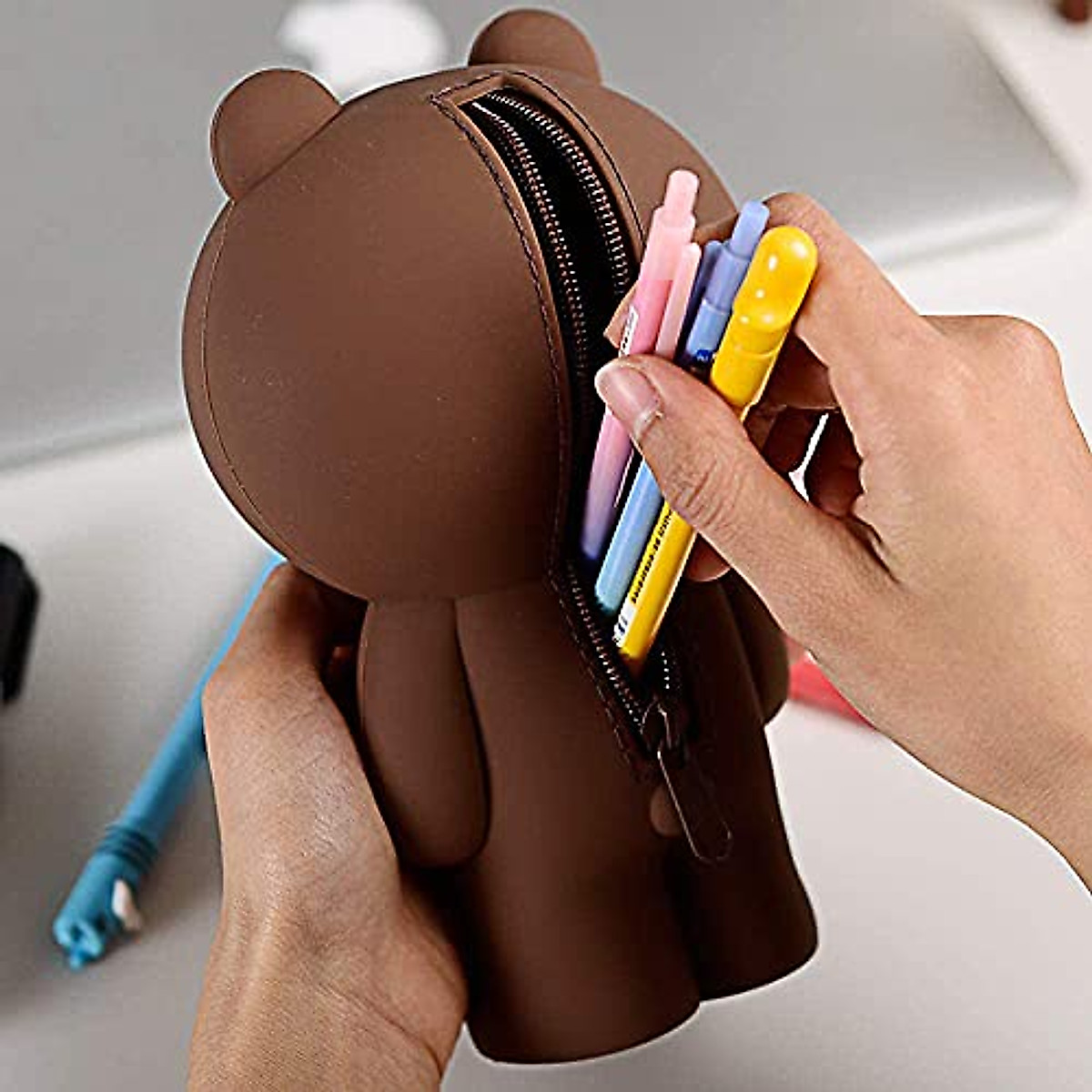 Pencil Case 3D Silicone Cartoon Cute Brown Bear Storage Box with Back Zipper Portable Hand-held Wallet Students Stationery Pen Holders Cosmetic Makeup
