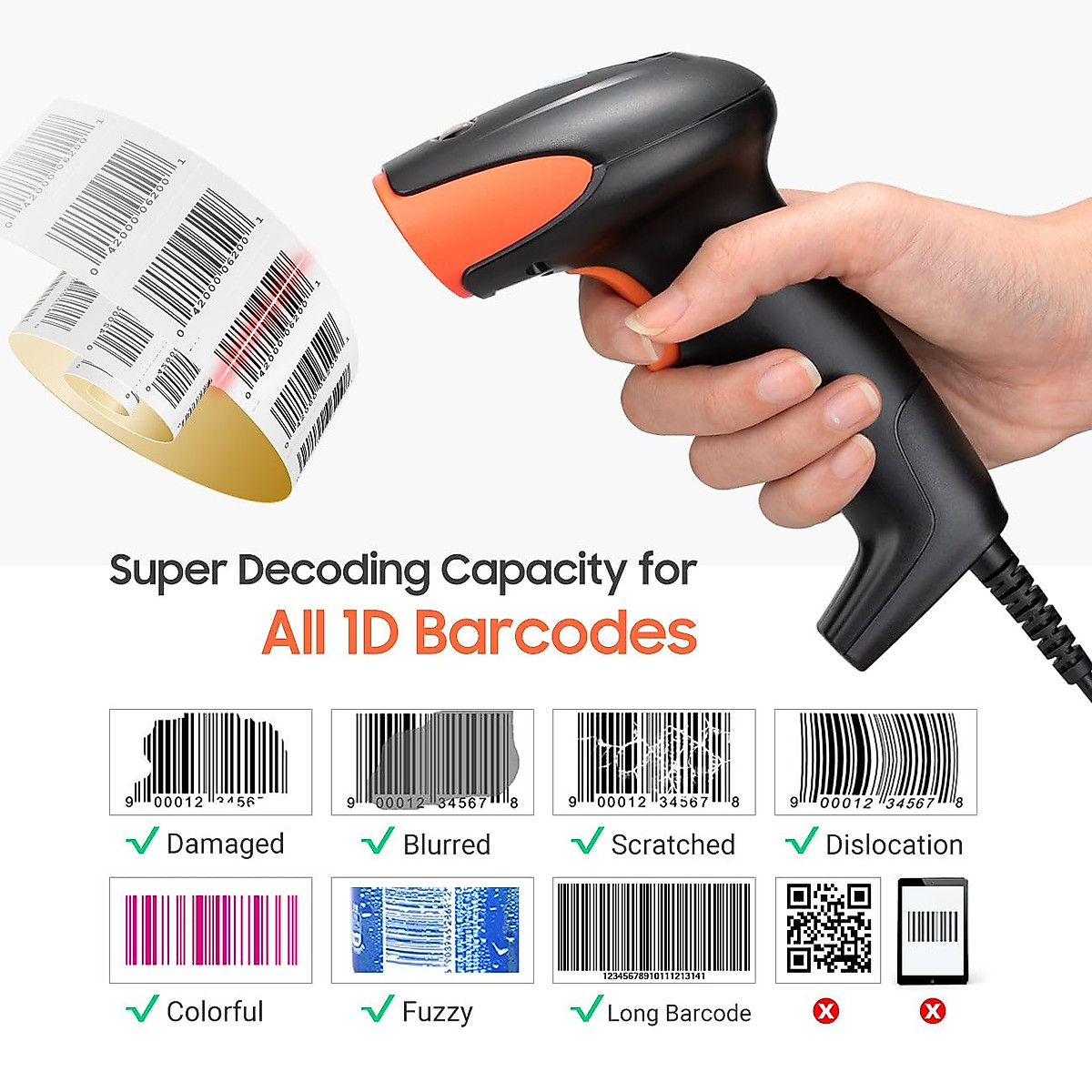 Tera Pro Extreme Performance Laser High Speed Barcode Scanner with Stand Auto Sensing On and Off by Smart Stand USB Wired 1D Handheld Plug and Play Bar Code Reader for Small Business Library 6900