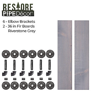 Industrial Pipe Wooden Shelves Restore by Pipe DÉCOR Premium Douglas Fir Wood Shelving 36 Inch Length Set of 2 Boards and 6 L Brackets Riverstone Grey Finish