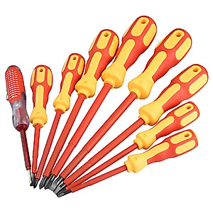 uoboeuq 9 Piece 1000V Insulated Electrician Screwdrivers Set with Magnetic Tips, Slotted and Phillips Bits Non-Slip Grip, with 1 Test pen Electrical screwdriver set