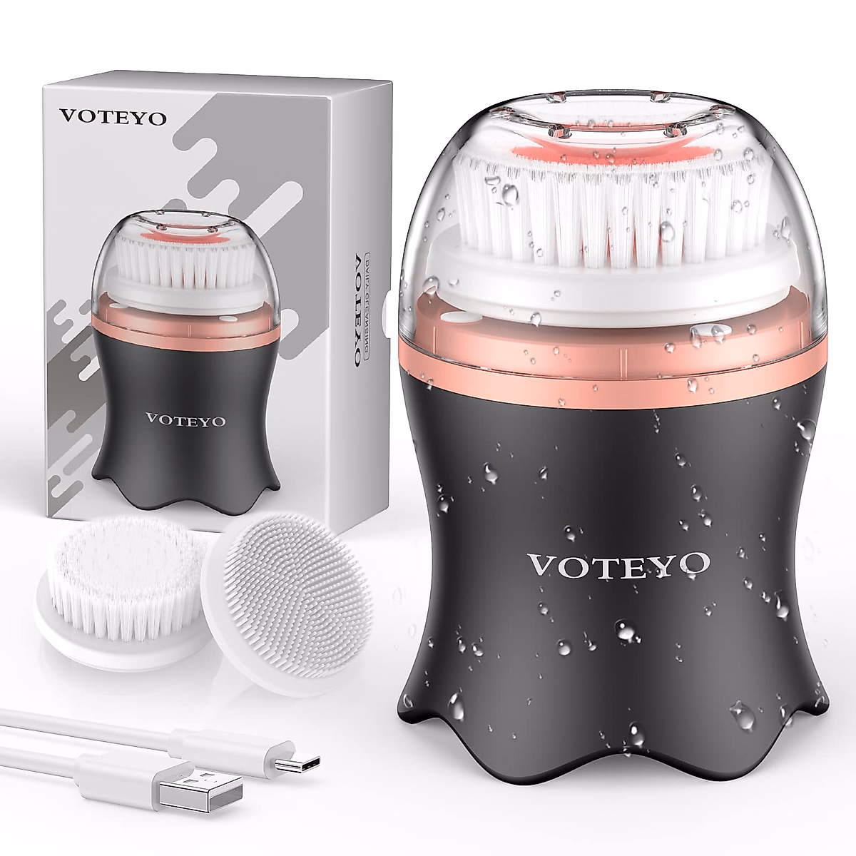 Facial Cleansing Brush - Face Cleansing Brush with 3 Replacement Brush Heads & 3 Modes, Waterproof, Type C Charging, Rotating Face Brush for Deep Cleansing, Black