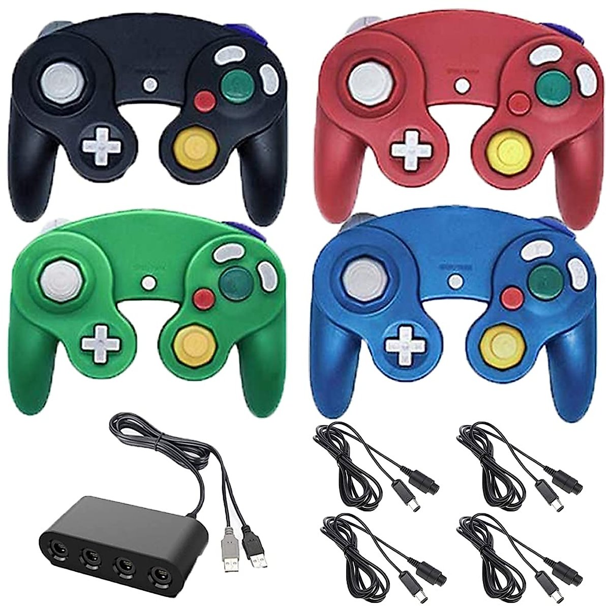 4 Controllers for Gamecube with 4 Extension Cables and 4-Port USB Adapter for Switch PC Wii U Console (Black+Blue+Red+Green)
