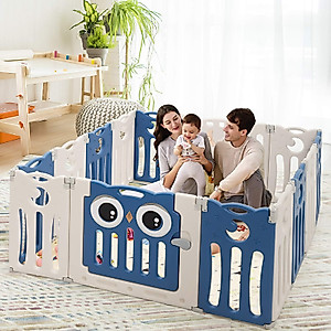 Costzon Foldable Baby Playpen, 14-Panel Baby Fence with Lock Door, Rubber Pads & Anti-Slip Rubber Bases, Indoor Outdoor Safety Baby Fence with Adjustable Shape for Toddlers (14-Panel, Blue)