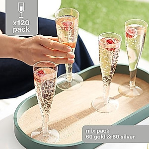 MATANA 120 Silver & Gold Glitter Plastic Champagne Flutes, 5 Oz Plastic Champagne Glasses for Parties, Clear Plastic Toasting Glasses, Mimosa Glasses, Wedding Party Cocktail Cups, Reusable | Bulk Pack