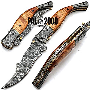 PAL 2000 HUNTING KNIVES FOL-8459 Handmade Damascus Steel Pocket Knife Olive Wood Handle With Sheath