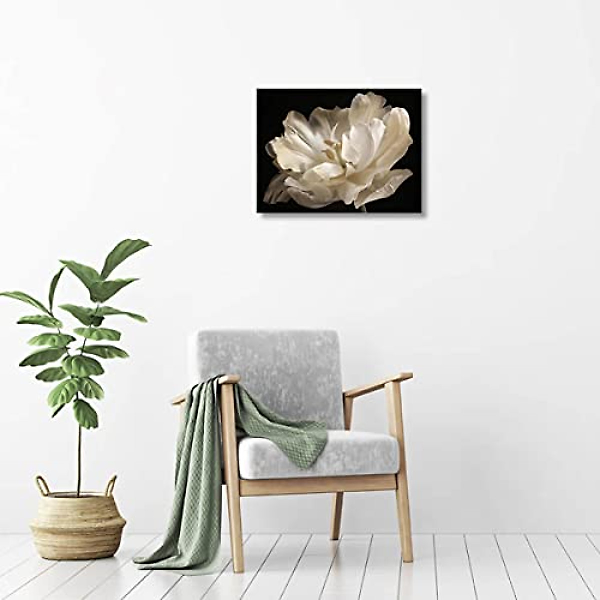 Black Bathroom Decor - White Tulip on Black Background Modern Canvas Wall Art Bathroom Decor Wall Art Black Decor Bathroom Pictures Black and White Wall Art Artwork for Home Walls Framed 12x16inch