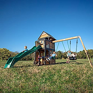Backyard Discovery Canyon Creek All Cedar Wood Swing Set, Playhouse with Grill, Plastic Food, Picnic Area, Steering Wheel, Two Belt Swings, Rock Climbing Wall, Balcony, Deck, Slide, Web Swing,Brown