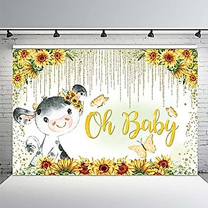 MEHOFOND Oh Baby Backdrop for Girls Cow Sunflower Print Photography Background Watercolor Butterfly Holy Cow Baby Shower Banner Farm Cow Theme Baby Shower Decorations Photo Booth Props 7x5ft