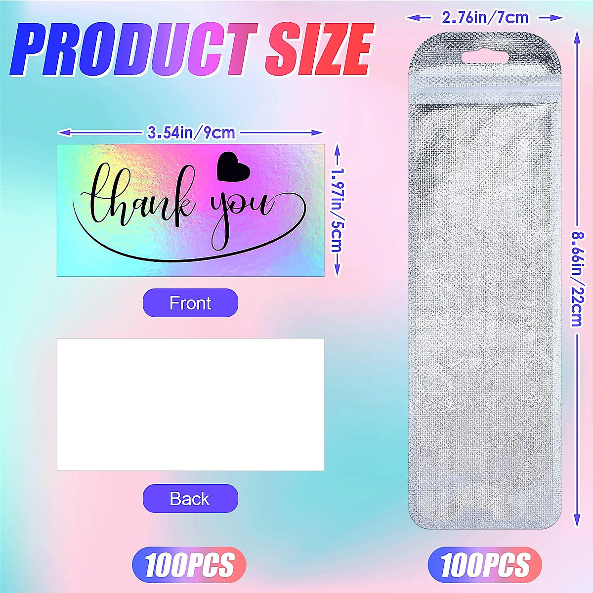 Yeaqee 200 Pcs Resealable Pouch Bags with Thank You Cards 100 Pcs Pen Bags Window Disposable Packaging Bags for Jewelry Food 100 Pcs Holographic Thank You Greeting Cards for Thanksgiving Gift