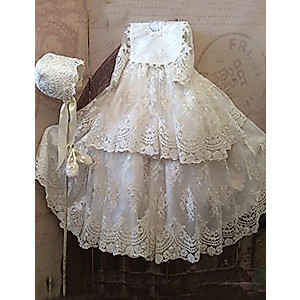 Aorme Ivory Lace Beading Christening Dresses for Girls Baptism Gowns with Bonnet