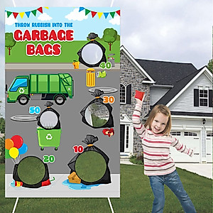 Bags Garbage Truck Trash Trucks Toss Games Banner Backdrop Waste Management Recycling Bin Throw Rubbish into the Garbage Theme Decor Decorations for Boy Girl Birthday Party Baby Shower Supplies Gift