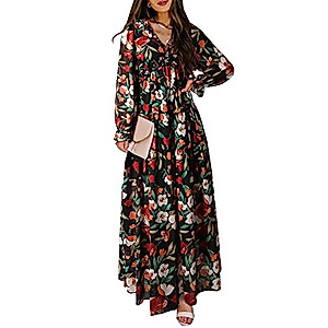 BLENCOT Women's Casual Boho Floral Printed Deep V Neck Loose Long Sleeve Long Evening Dress Ruched Cocktail Party Maxi Wedding Dress Black Medium