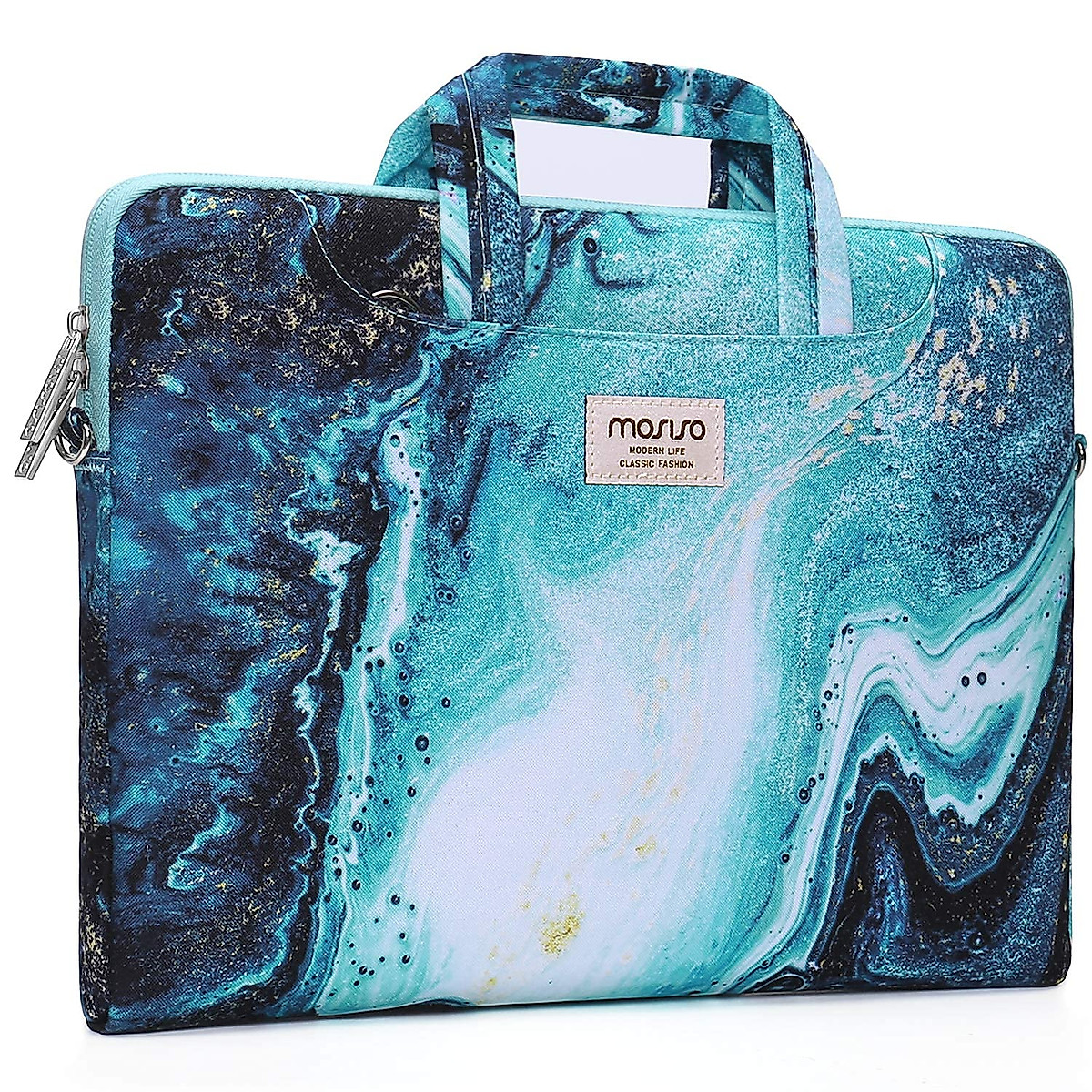 MOSISO Laptop Shoulder Bag Compatible with MacBook Air/Pro,13-13.3 inch Notebook,Compatible with MacBook Pro 14 inch 2023-2021 A2779 M2 A2442 M1,Creative Wave Marble Briefcase Sleeve with Belt