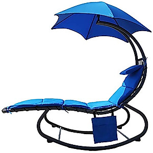 BalanceFrom Hanging Rocking Curved Chaise Lounge Chair Swing with Cushion, Pillow, Canopy, Stand and Storage Pouch, 330-Pound Capacity, Rocking Chair, Blue